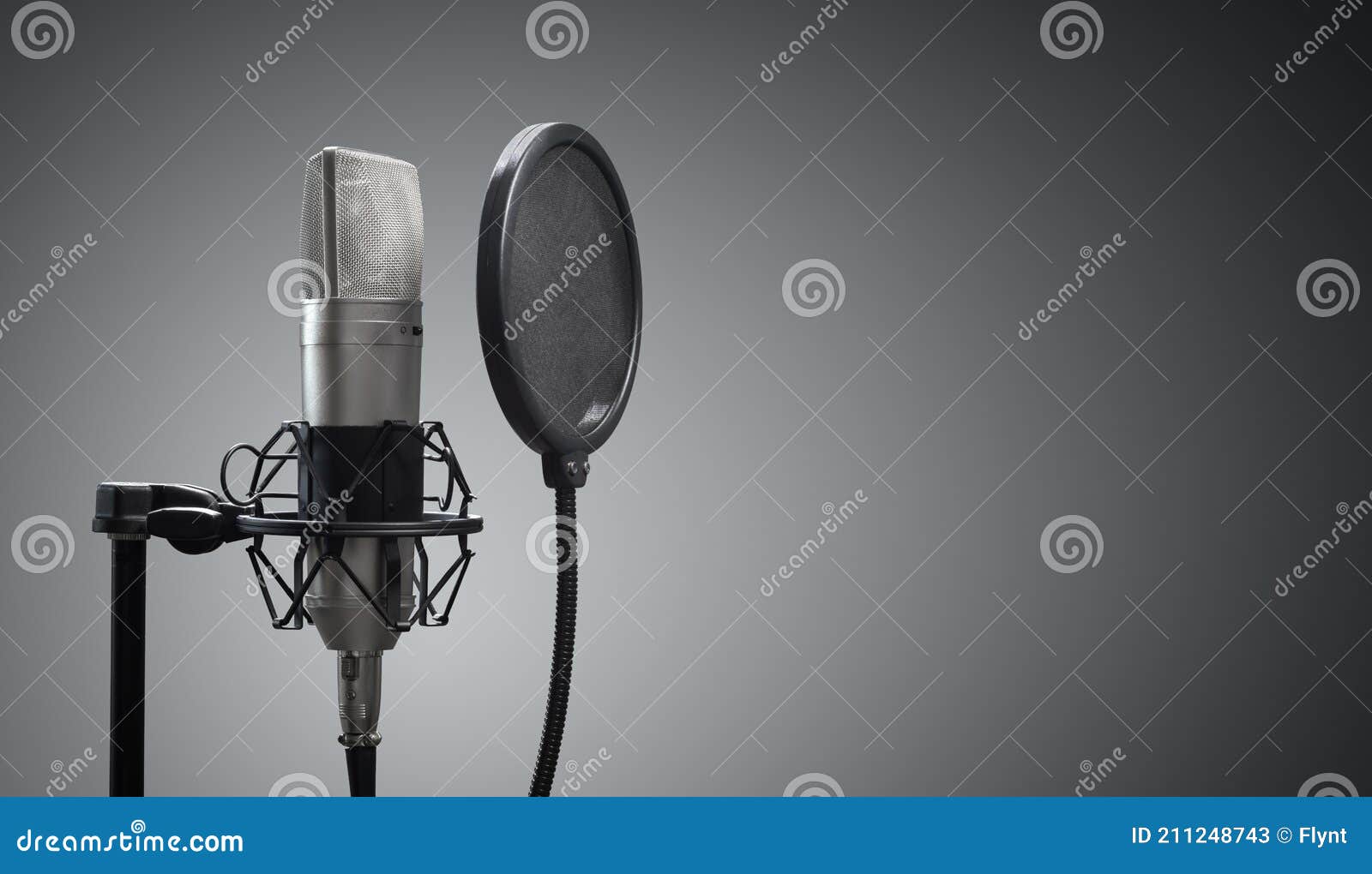 Studio Microphone and Pop Shield on Mic Stand Against Gray Background ...