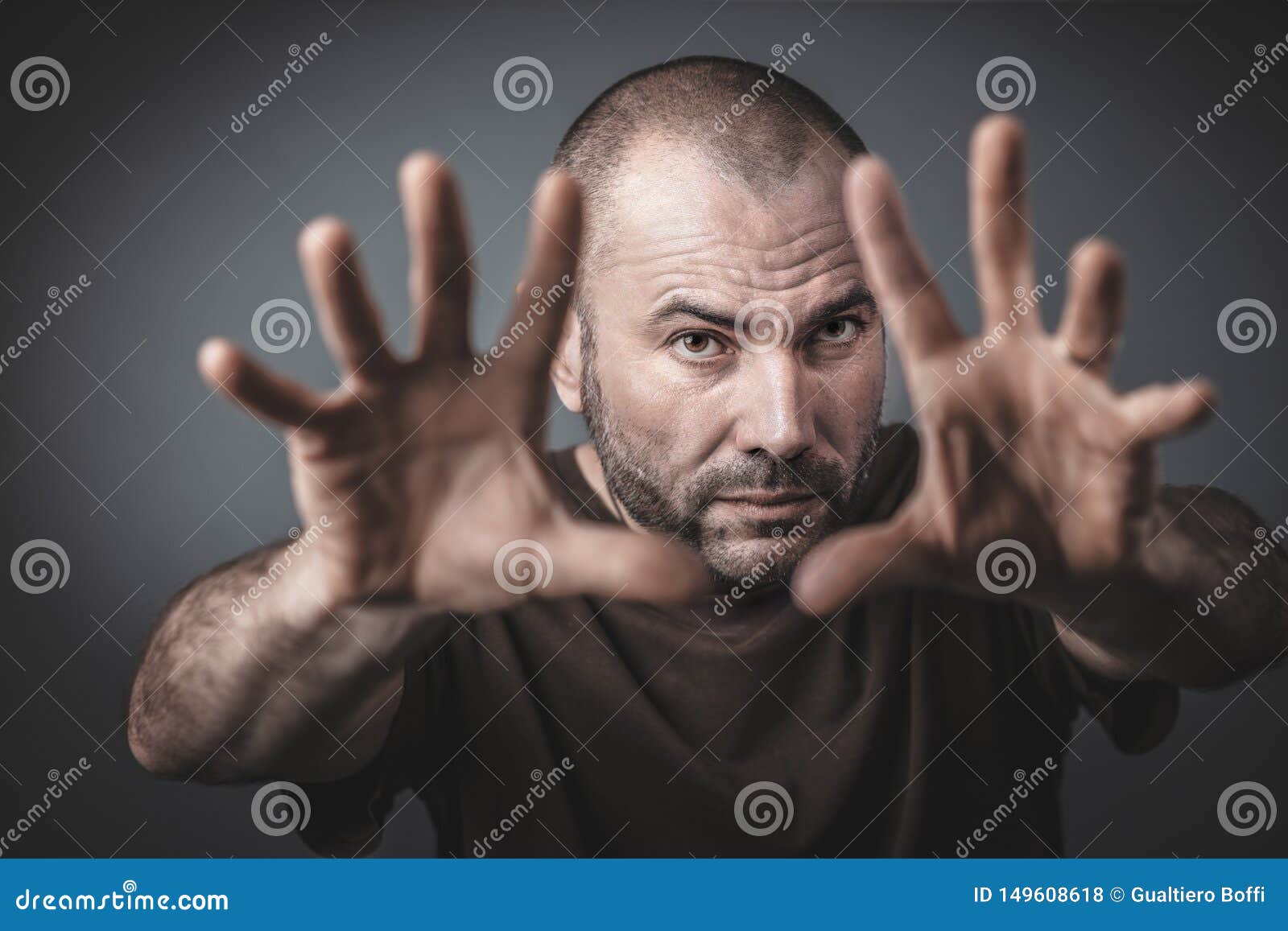 Studio Portrait of Caucasian Man with Open Hands and Arms Outstretched ...
