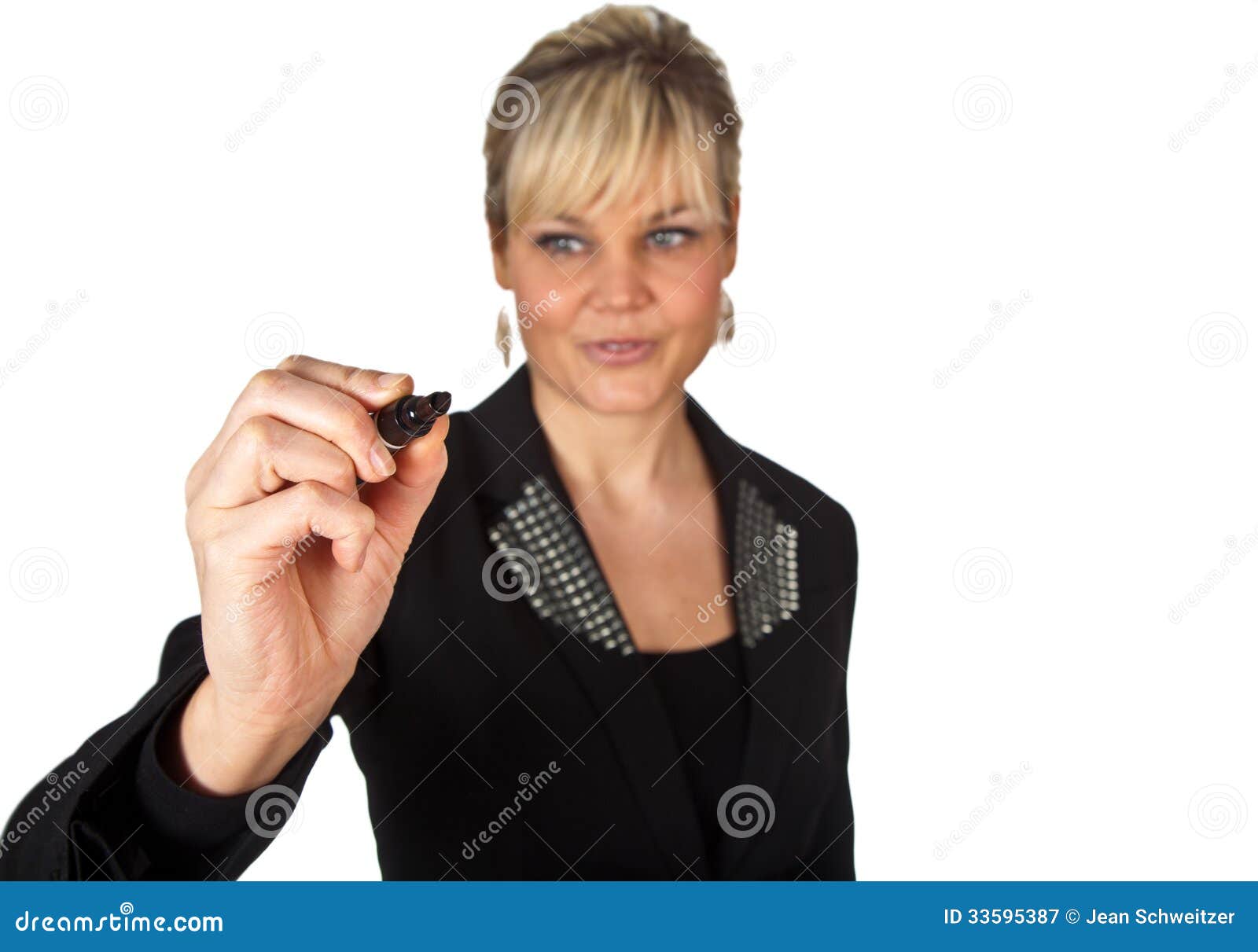 Studio Portrait of a Cute Blond Girl Writing on a Transparent Wa Stock ...