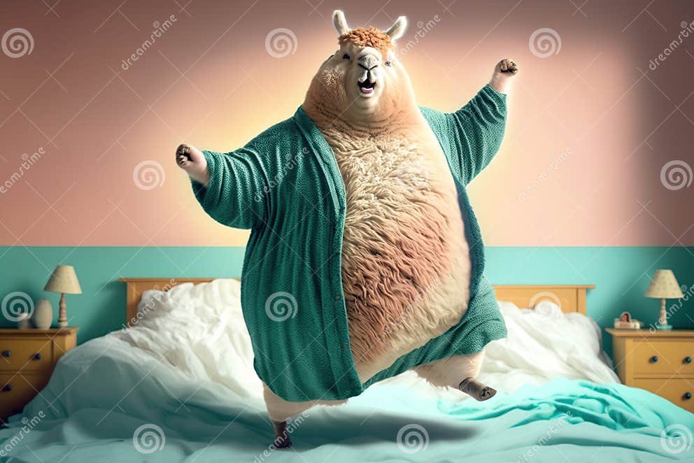 Fat Lama Joyfully Dancing on Bed, Created with Generative AI Technology Stock Illustration ...