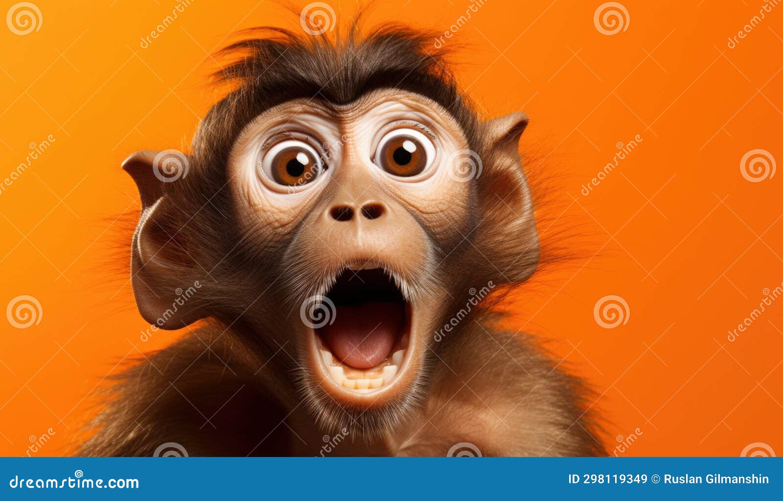 Studio Portrait of Funny and Excited Macaque Monkey on Orange Background with Shocked or ...