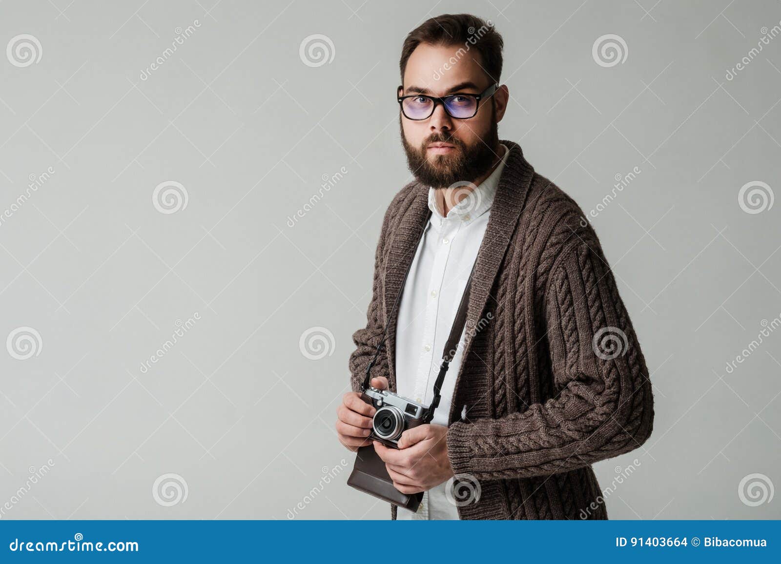 Studio Portrait of Hipster Photographer Stock Photo - Image of clothes ...