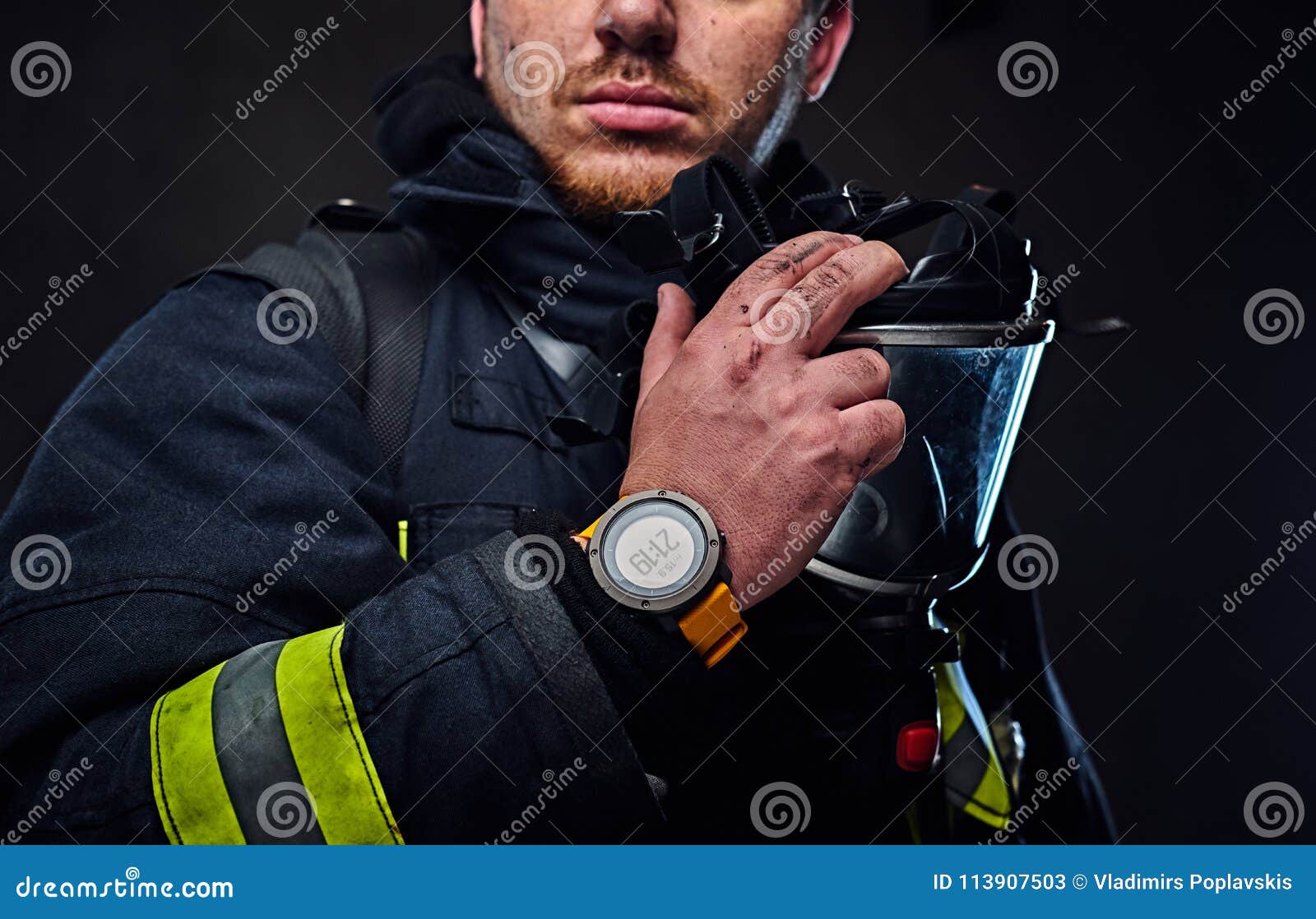 Studio Portrait of a Male Dressed in a Firefighter Uniform. Stock Image ...