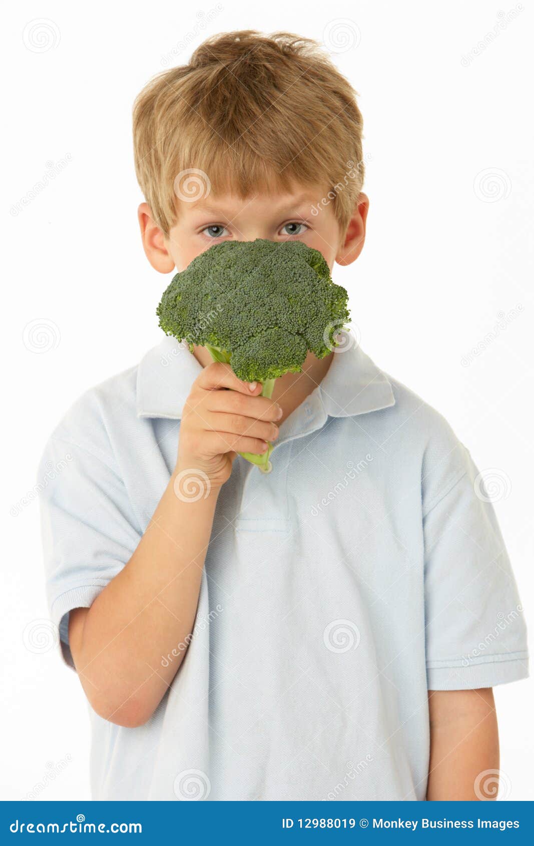 Studio Portrait of Young Boy Holding Broccoli Stock Image - Image of ...