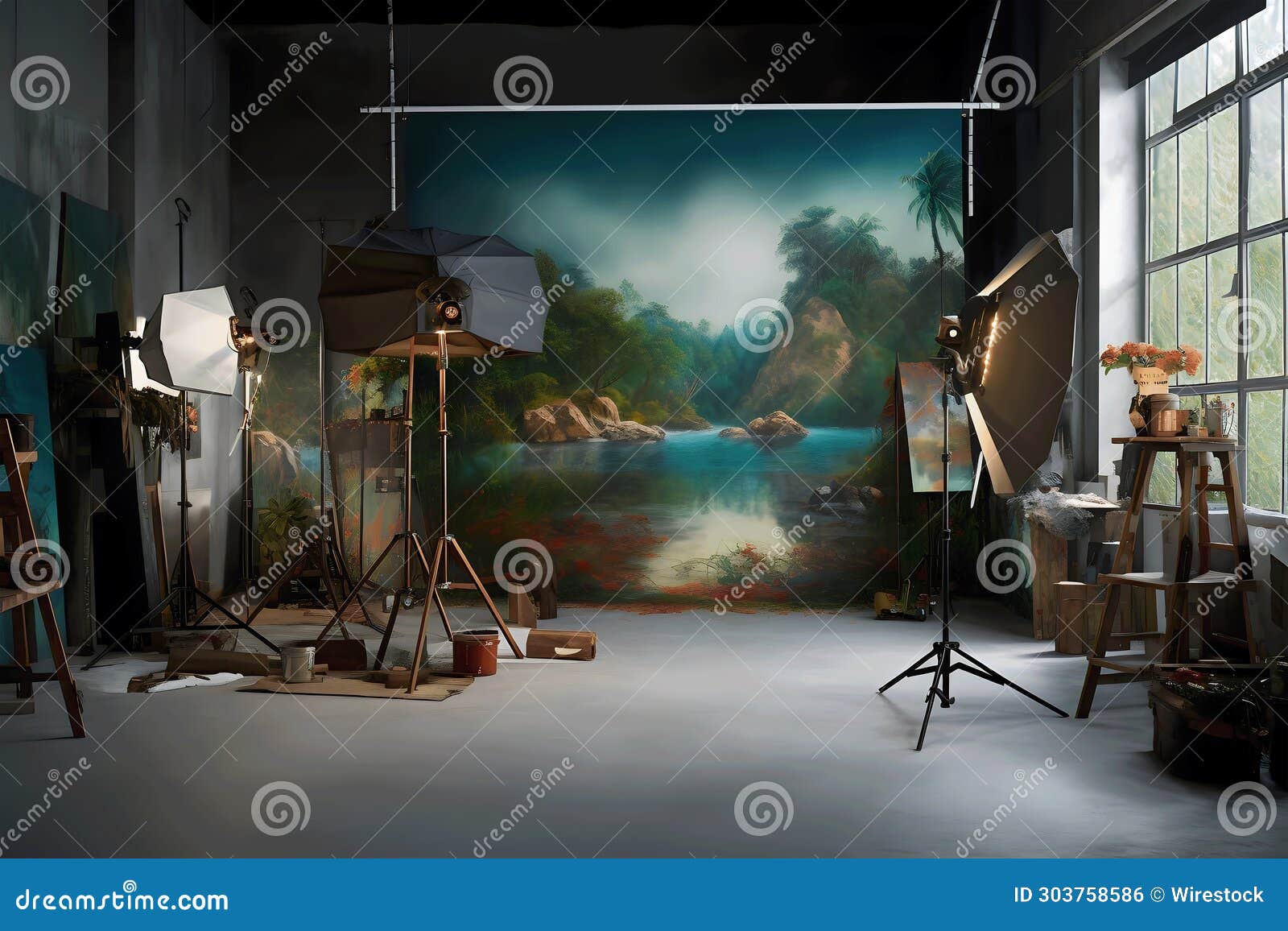 A Studio is Set Up with Art Supplies and Paintings in the Background ...