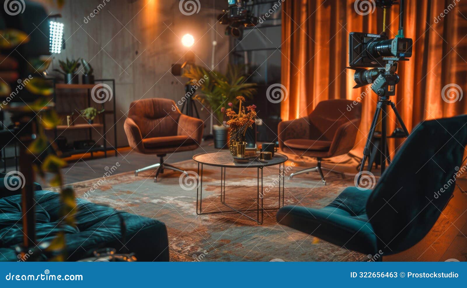 Studio Setup with Camera and Chairs Stock Image - Image of broadcast ...