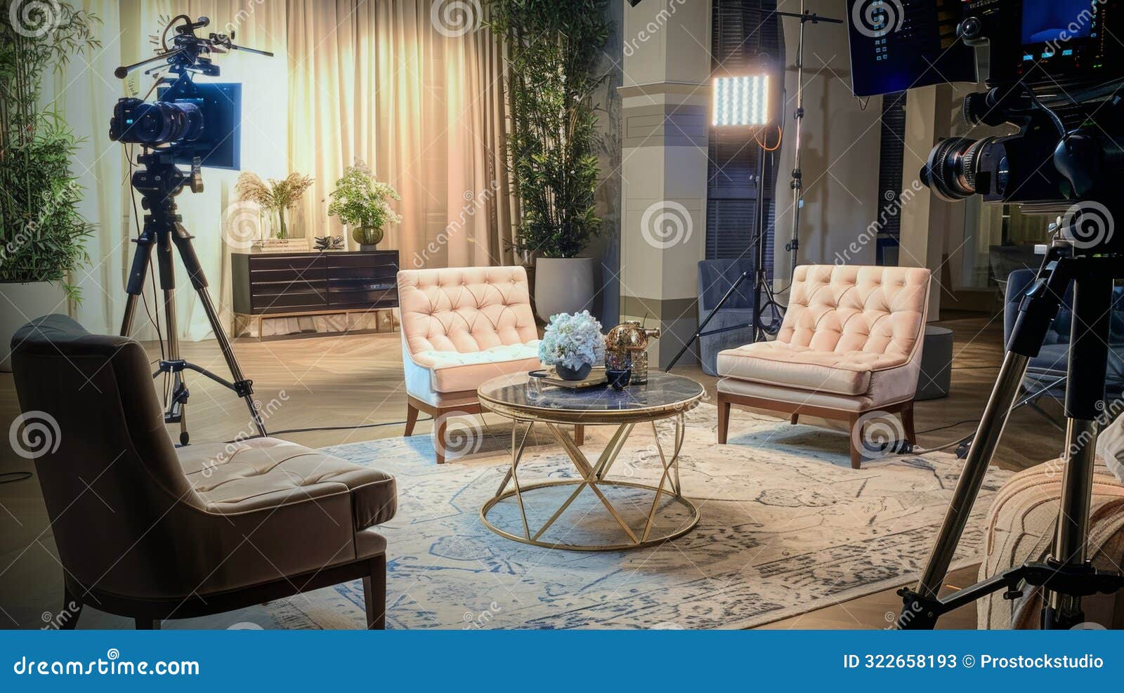 Studio Setup with Chairs and Camera Stock Image - Image of table, media ...