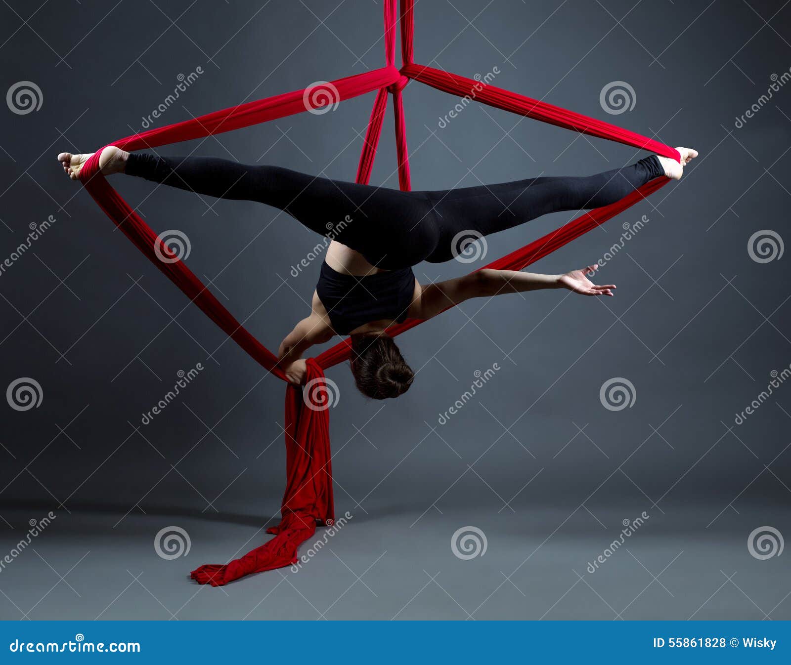 Studio Shot of Acrobat Performs on Hanging Ribbons Stock Photo - Image ...