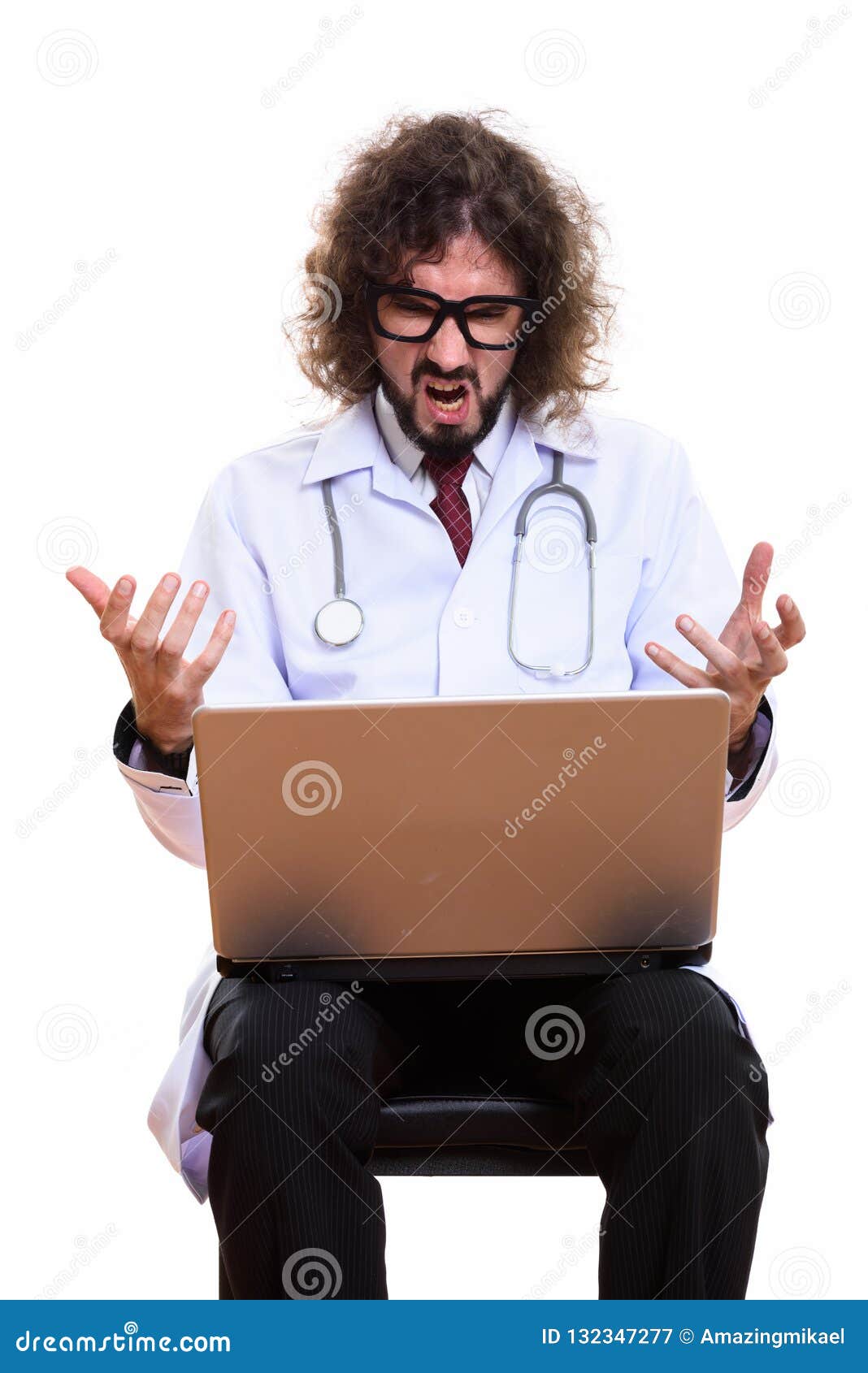 Studio Shot of Angry Man Doctor Using Laptop with Both Arms Rais Stock ...