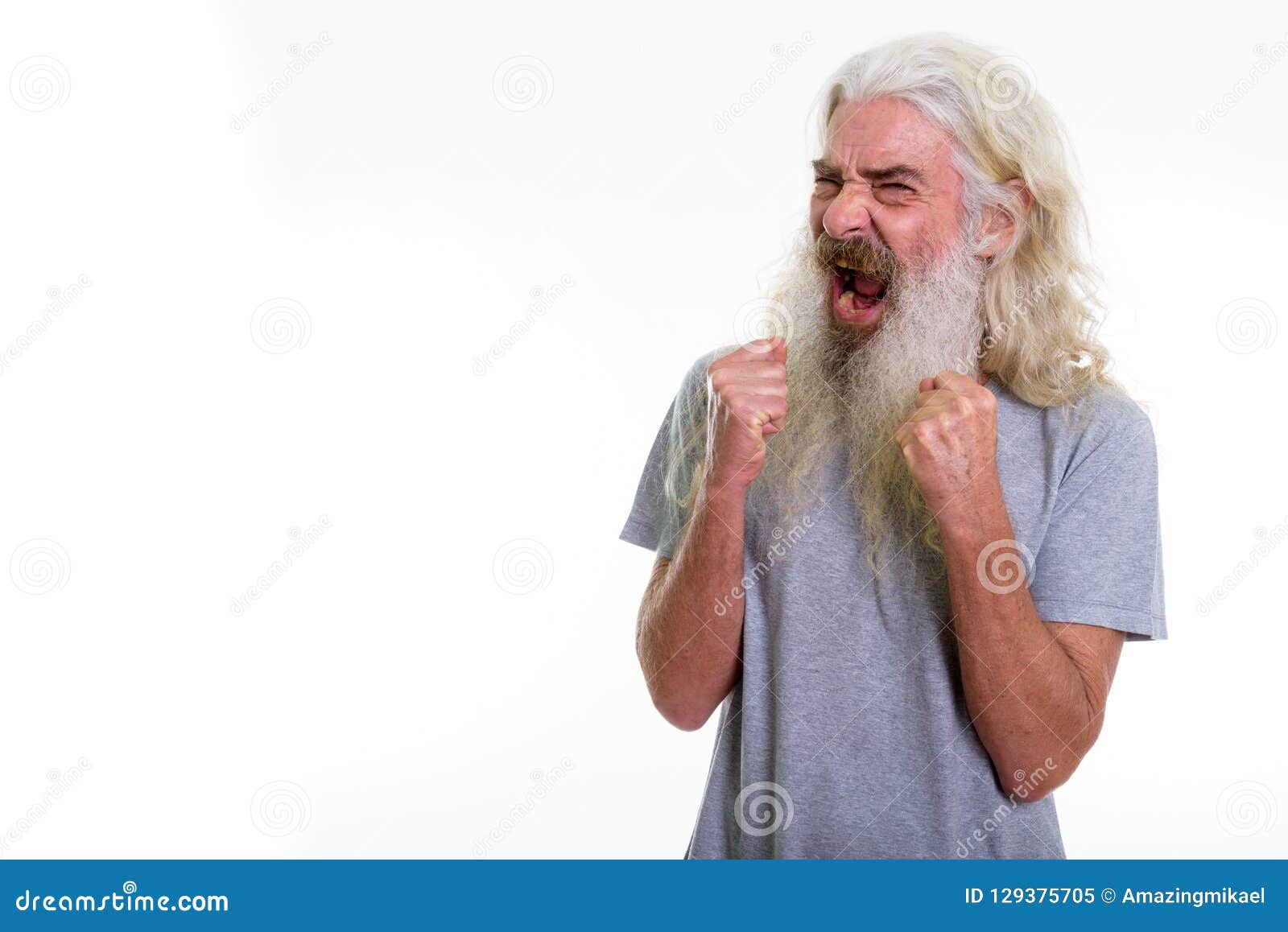 Studio Shot of Angry Senior Bearded Man Screaming with Both Arms Stock ...