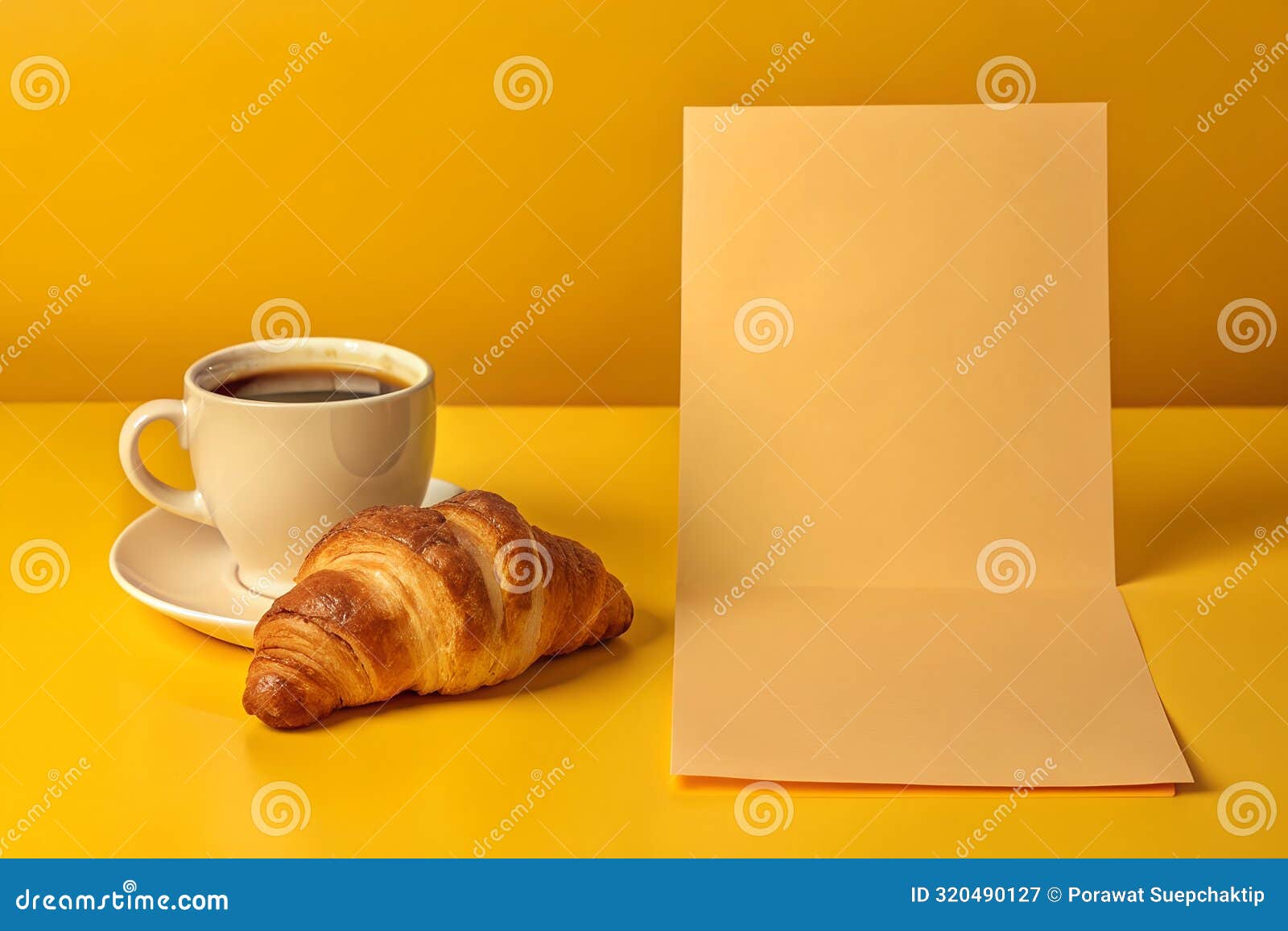 Breakfast Setting with Coffee, Croissant, and Blank Menu Card Stock ...
