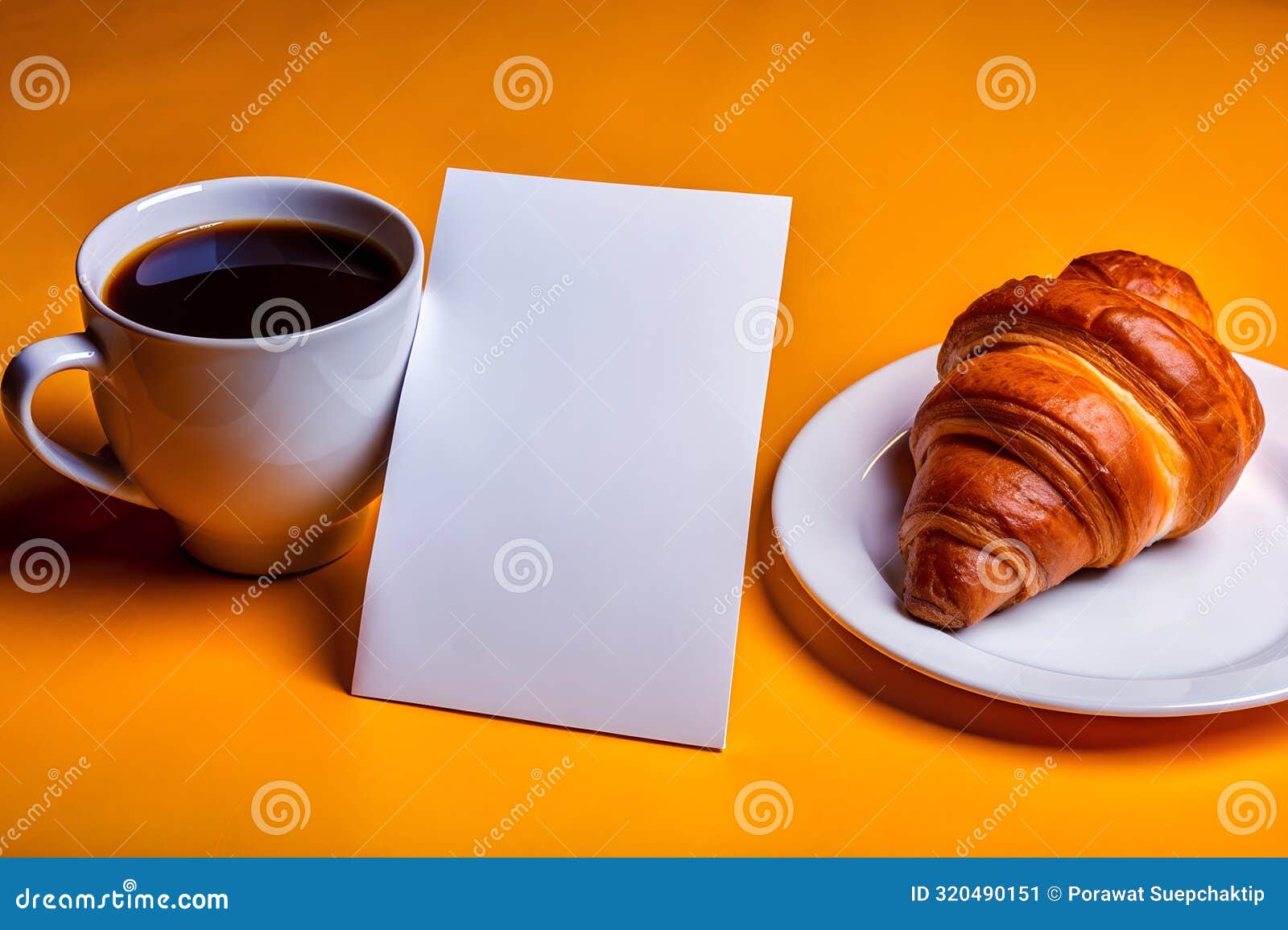 Breakfast Setting with Coffee, Croissant, and Blank Menu Card Stock ...