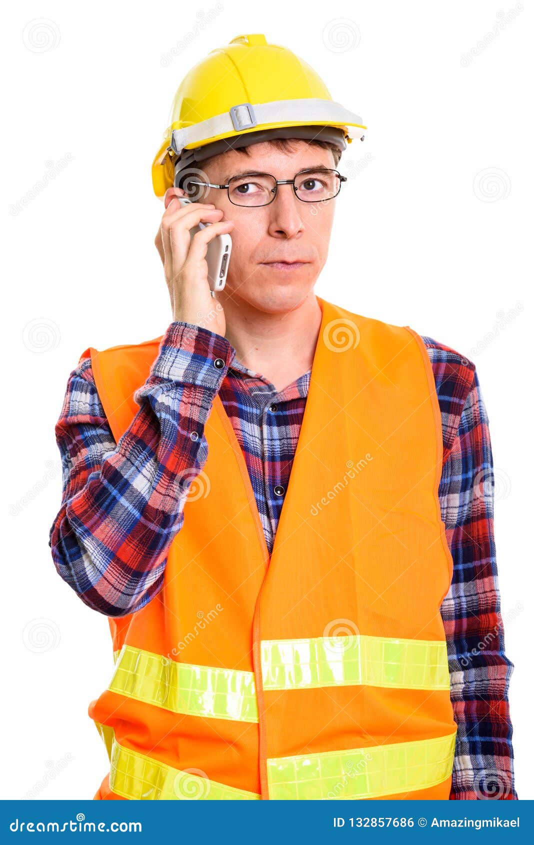 Studio Shot Of Thoughtful Man Construction Worker Talking On Mob Stock ...