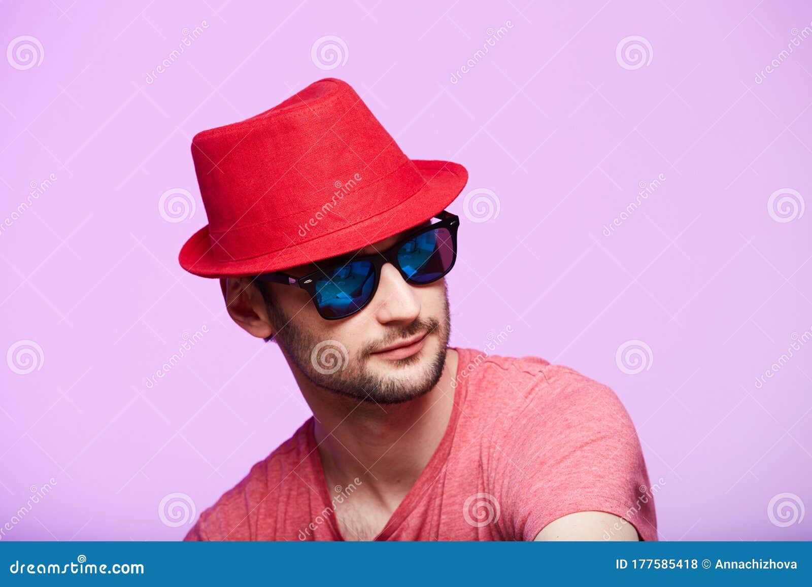 Studio Shot of Handsome Bearded Man Wearing Red Fedora Hat. Stock Photo ...