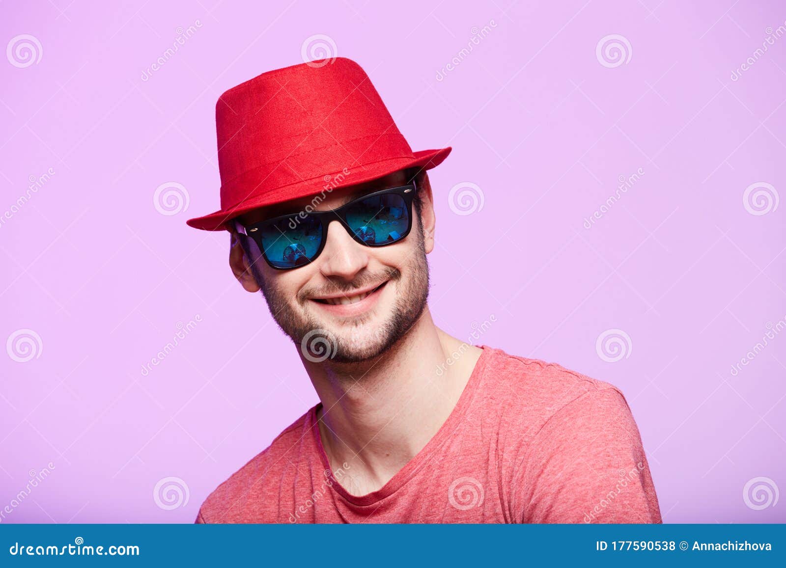 Studio Shot of Handsome Bearded Man Wearing Red Fedora Hat. Stock Photo ...