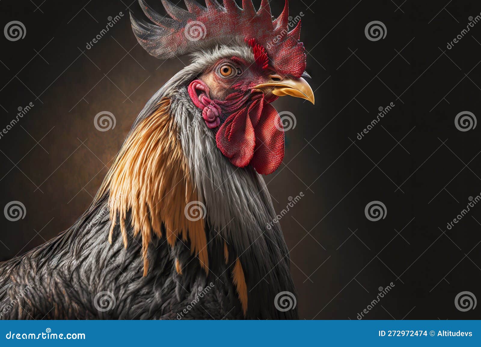 Studio Shot of Head Rooster Portrait in Profile on Dark Blurry ...