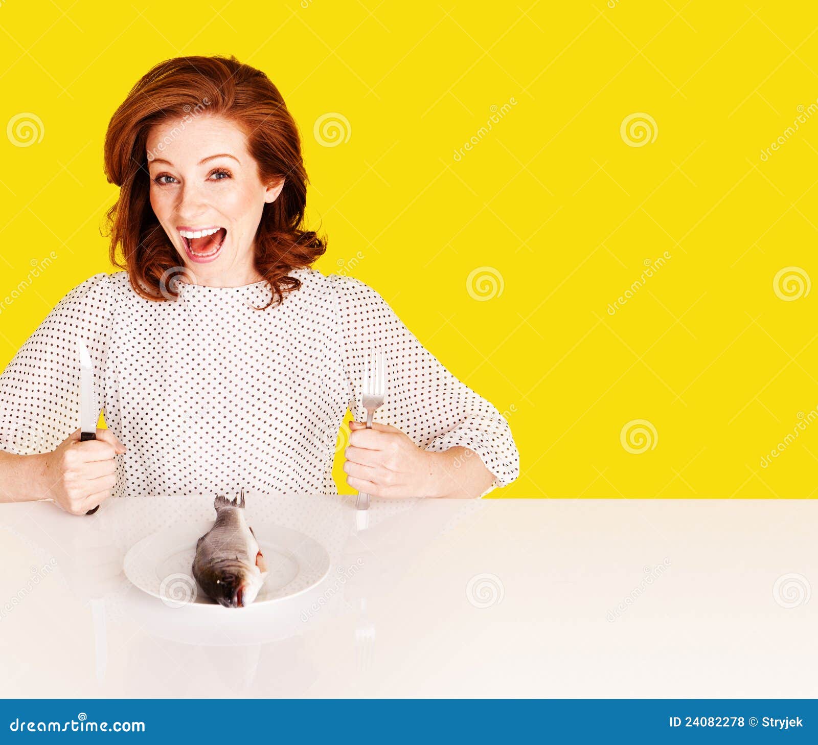 Studio Shot of Hungry Woman on Yellow Background Stock Photo - Image of ...