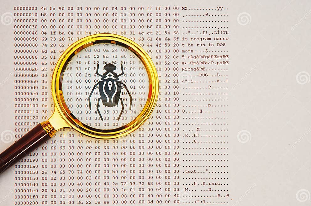 Magnifying Glass and Bugs on Paper with Printed Hexadecimal Program ...