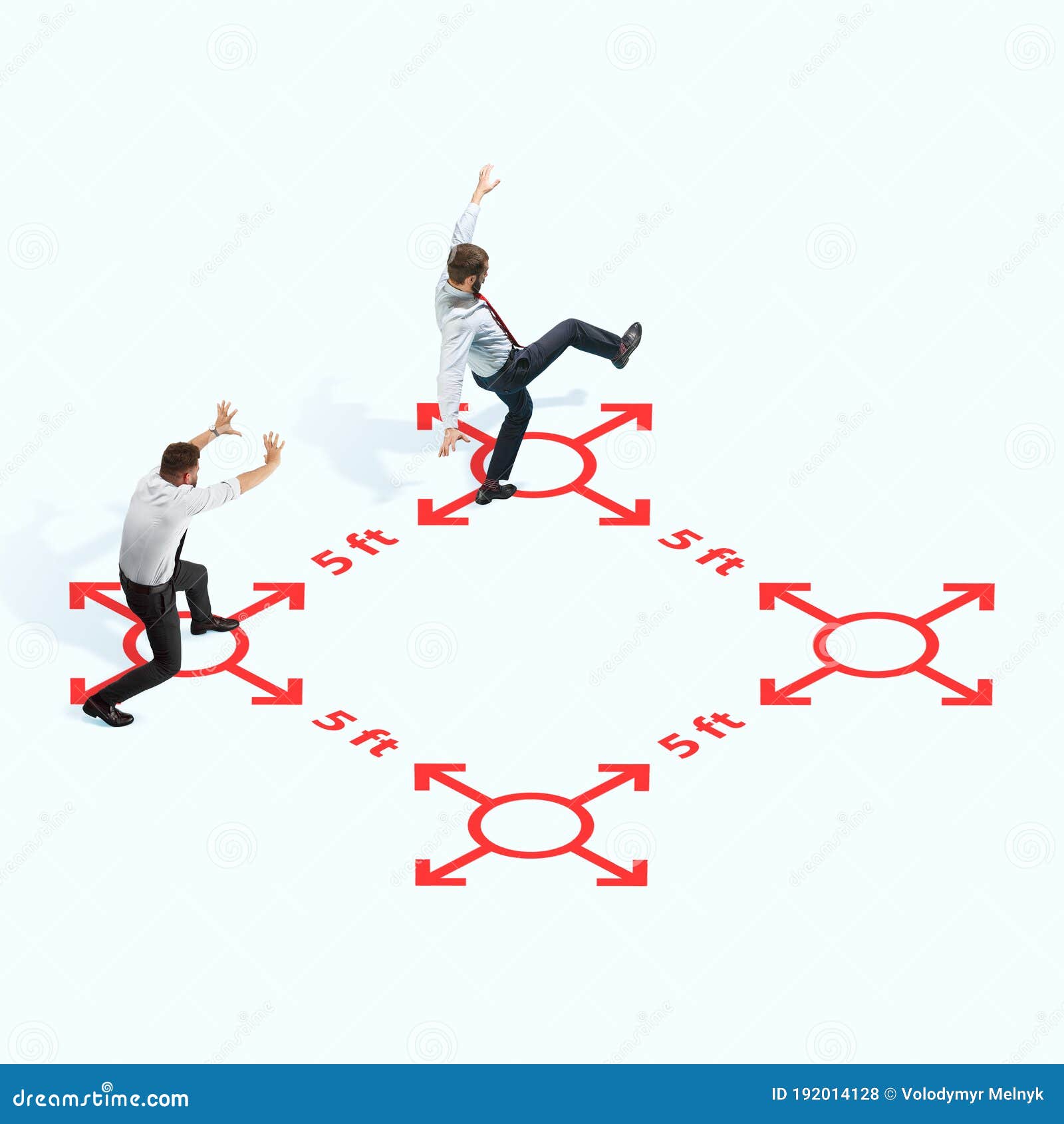 Studio Shot of People Demonstrating Social Distancing with Arrows ...