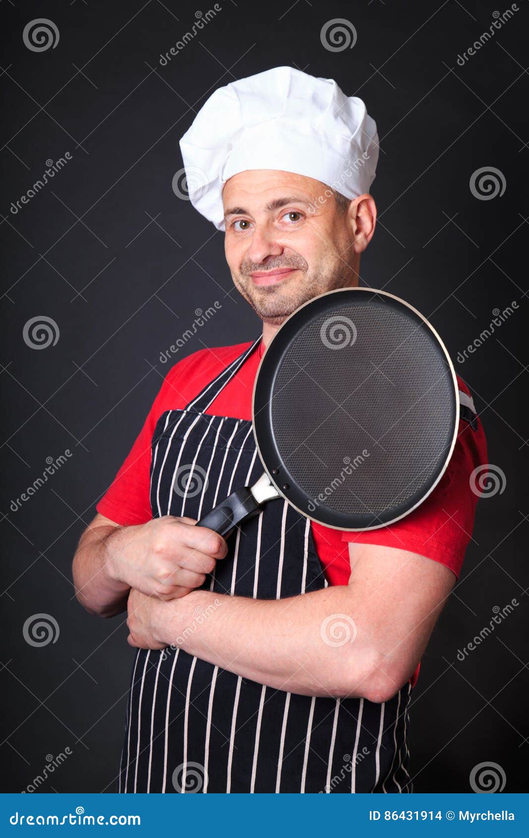 Studio Shot of Positive Chef with a Frying Pan. Stock Photo - Image of ...