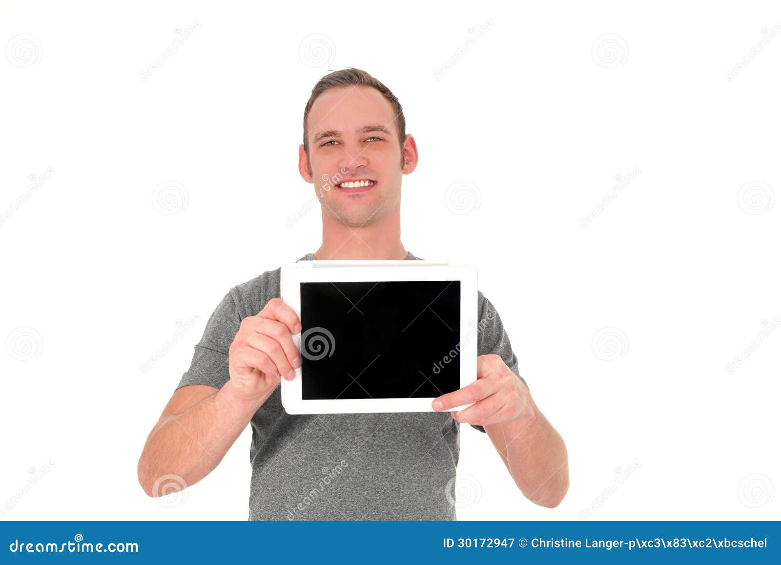 Smiling Young Man Showing His Tablet Stock Image - Image of friendly ...