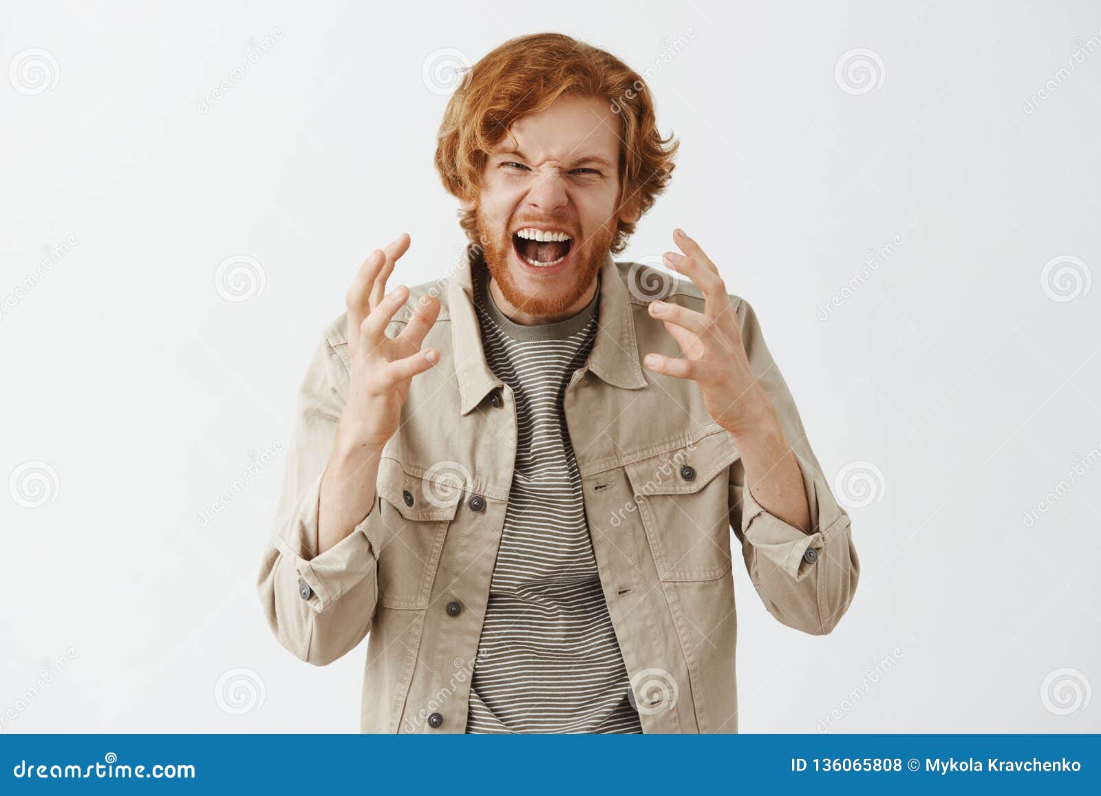 Studio Shot of Redhead Man during Argument, Yelling and Gesturing with ...