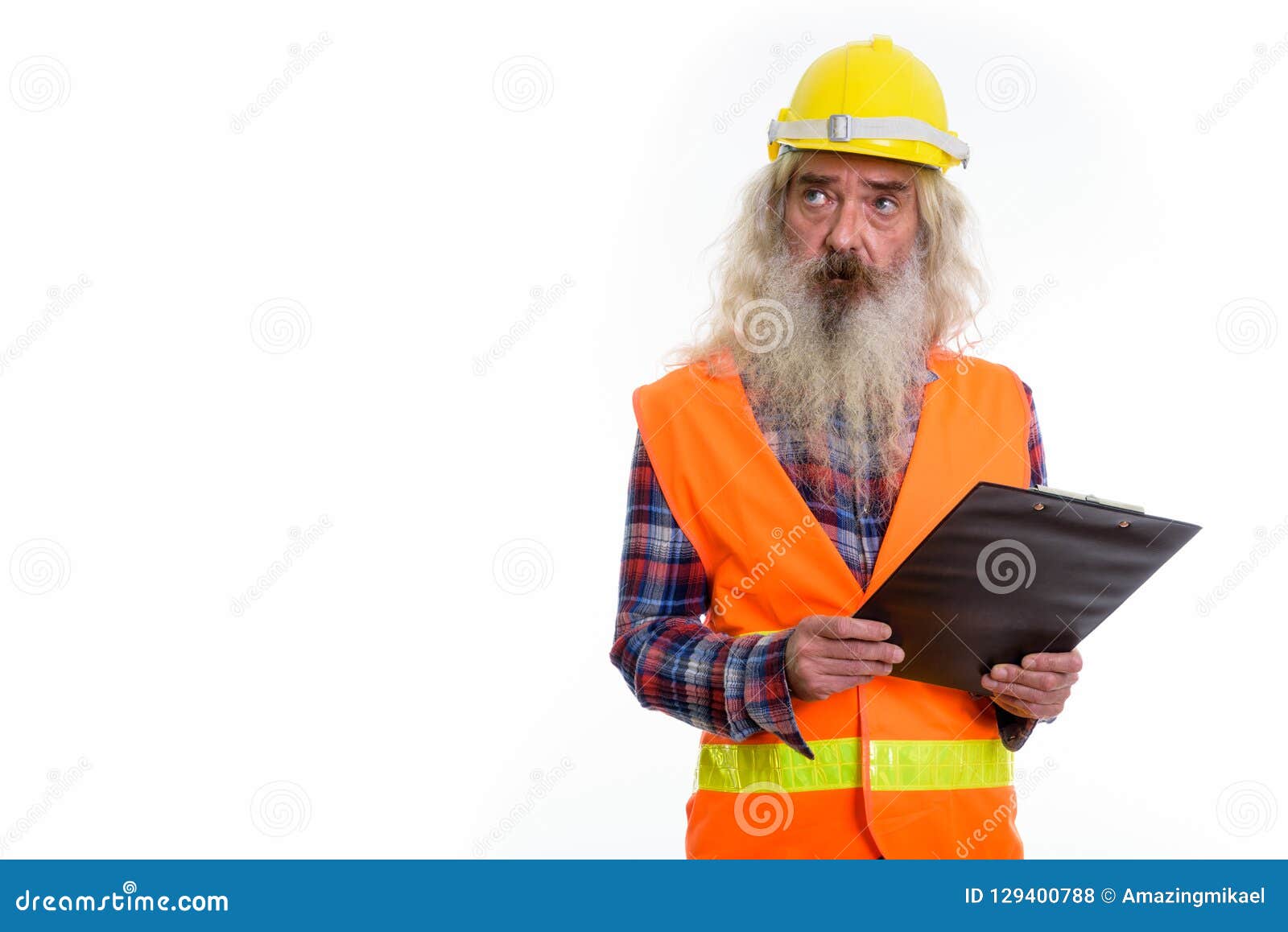 Studio Shot of Senior Bearded Man Construction Worker Holding Cl Stock ...