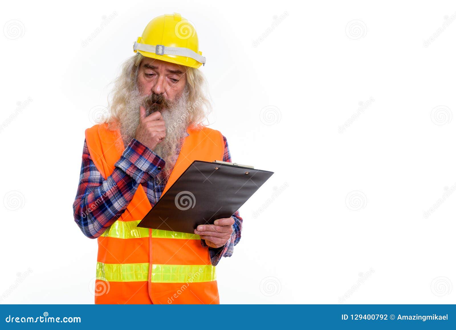 Studio Shot of Senior Bearded Man Construction Worker Reading on Stock ...