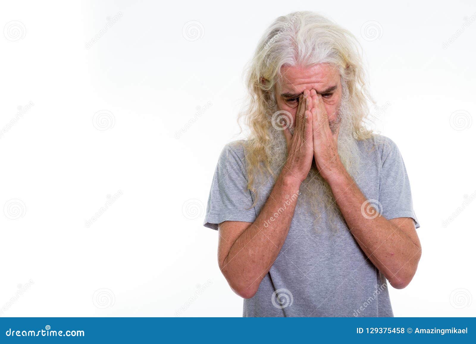 Studio Shot of Senior Bearded Man Crying while Covering Face Wit Stock ...