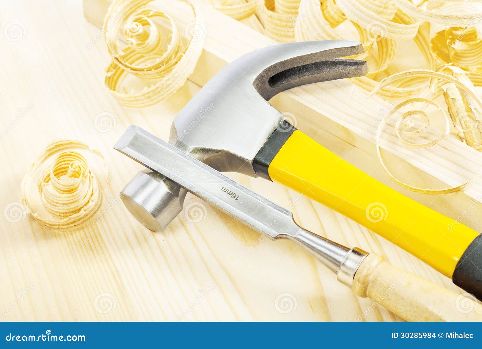 Chisel with hammer on wood stock photo. Image of copyspace - 30285984