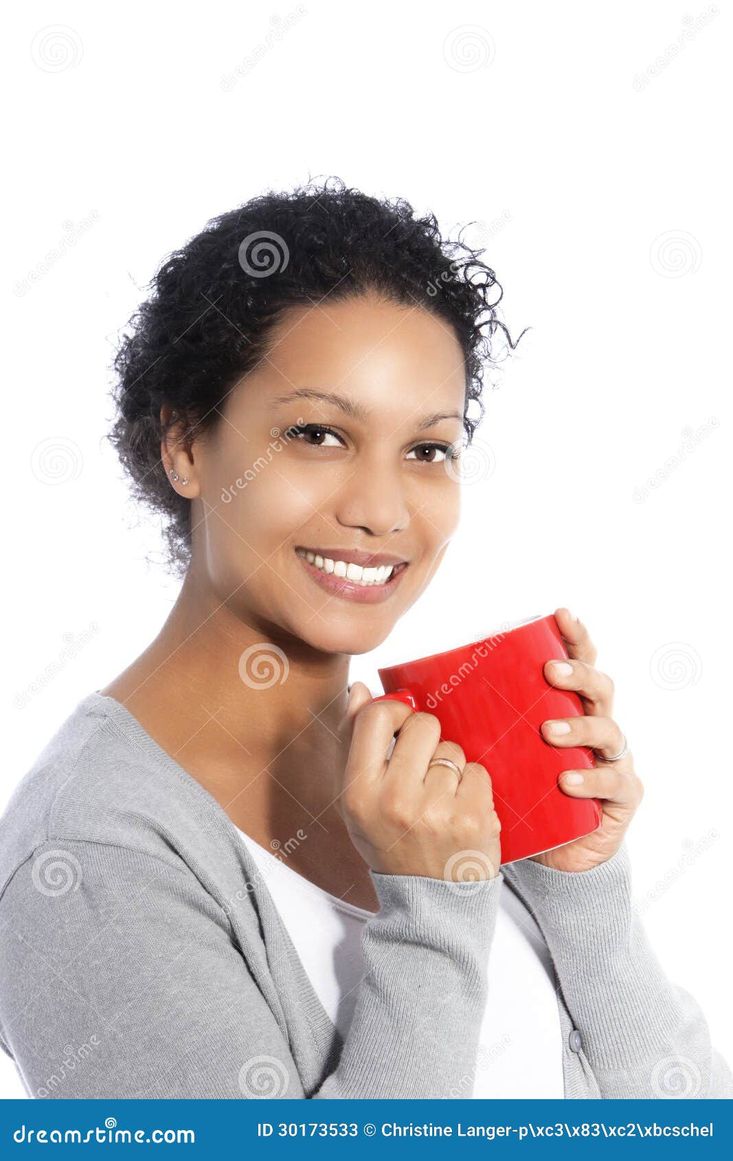 Smiling Woman with Red Cup of Coffee Stock Image - Image of lady ...