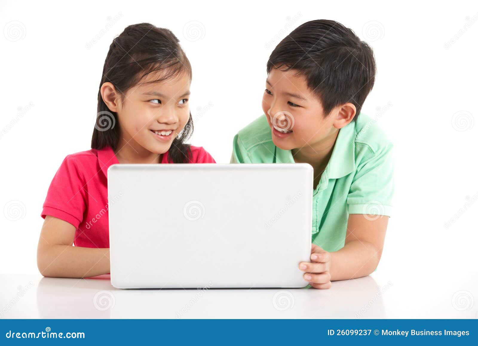 Studio Shot of Two Chinese Children with Laptop Stock Image - Image of ...