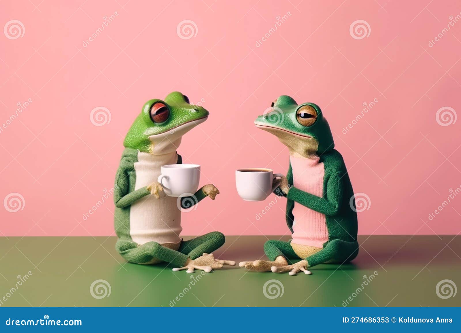 A Two Cute Frogs in Casual Clothes Drinking Coffee or Tea, Created with ...