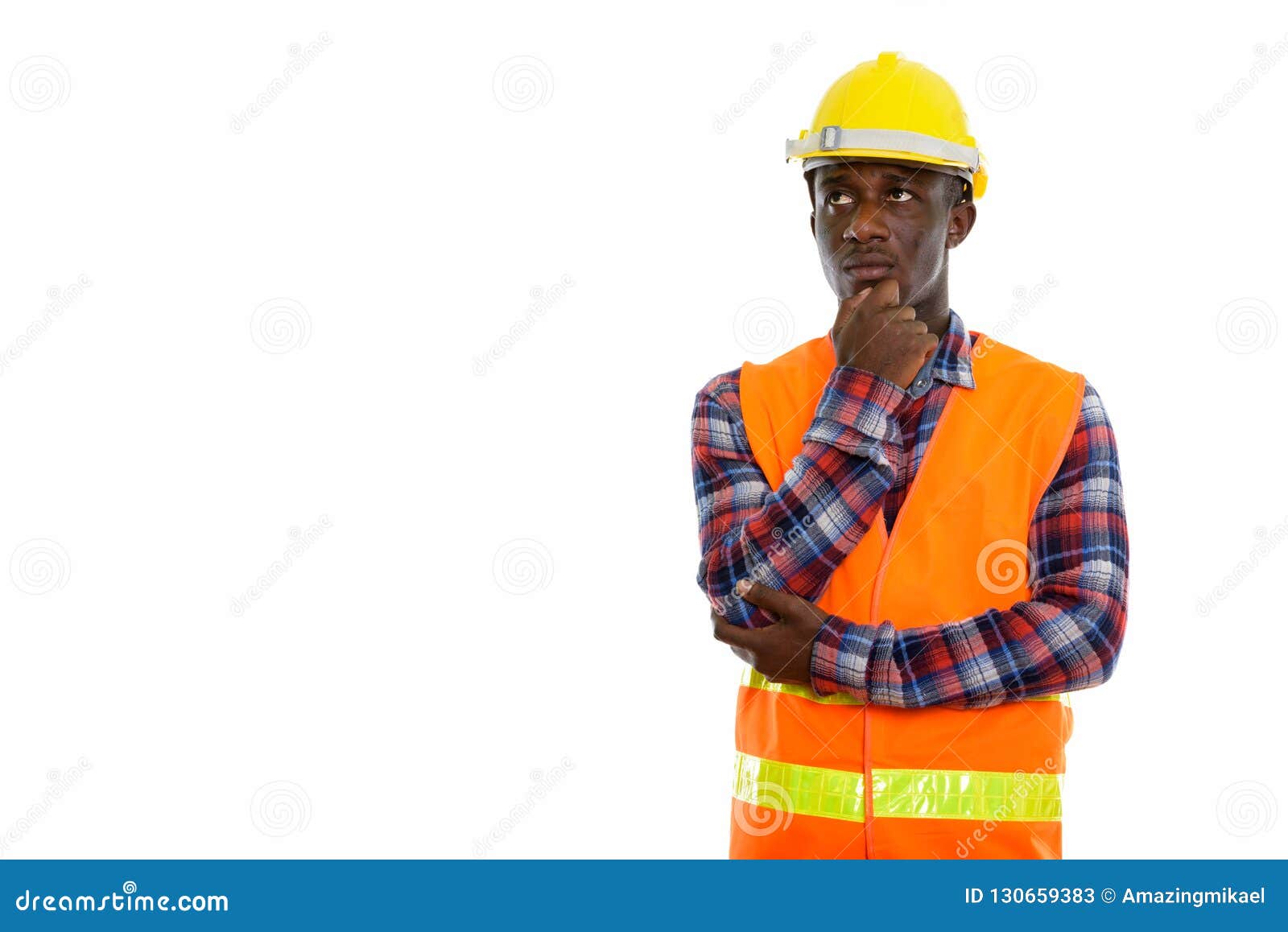 Studio Shot of Young Black African Man Construction Worker Think Stock ...