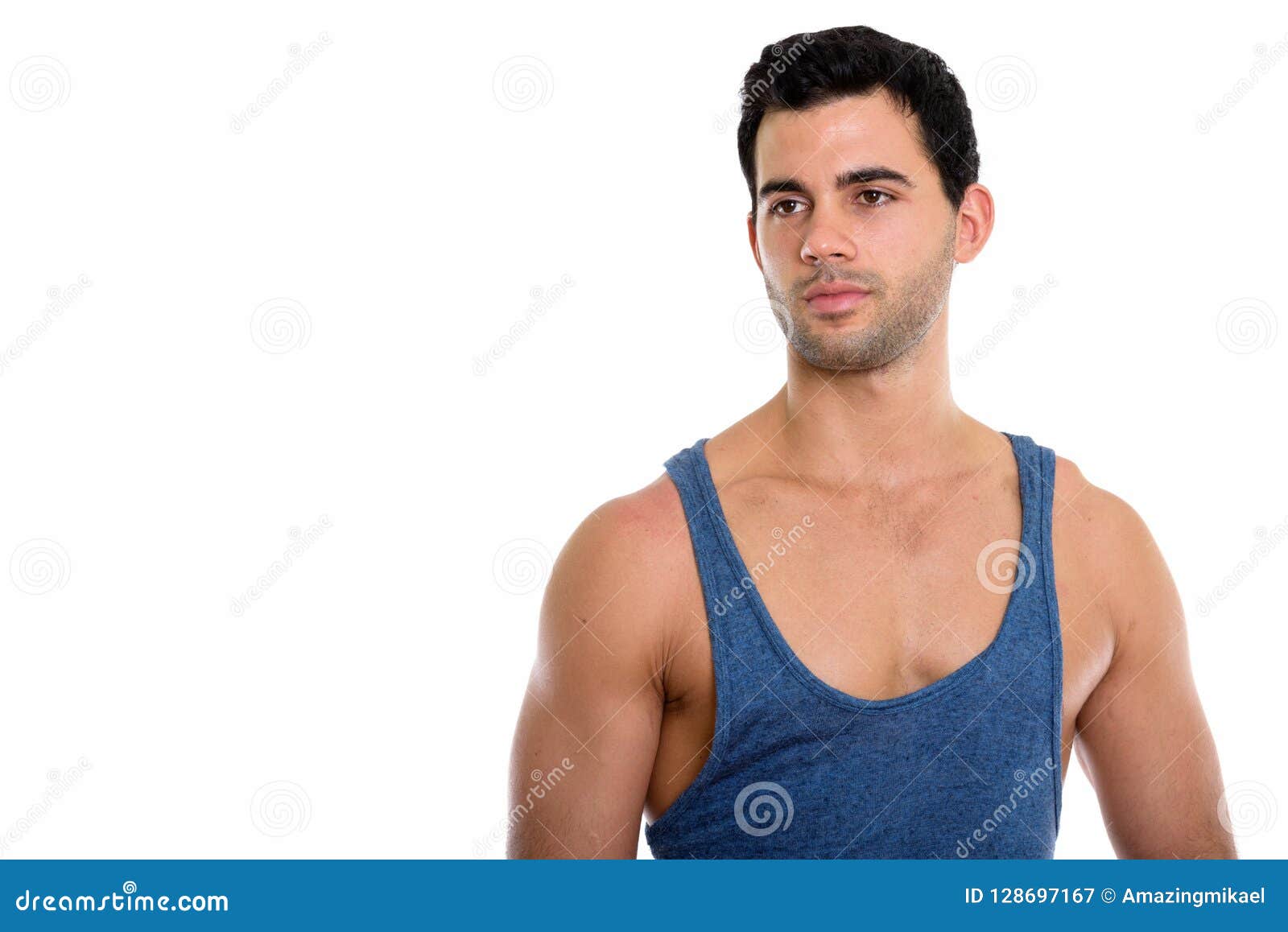 Studio Shot of Young Handsome Hispanic Man Thinking while Lookin Stock ...