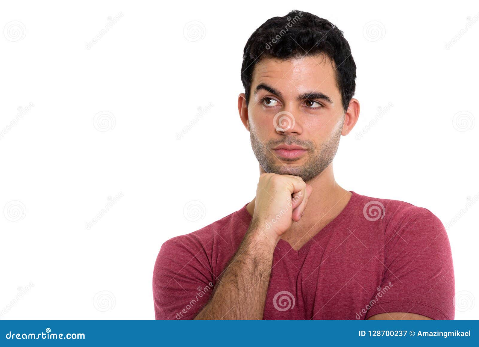 Studio Shot of Young Handsome Hispanic Man Thinking while Lookin Stock ...