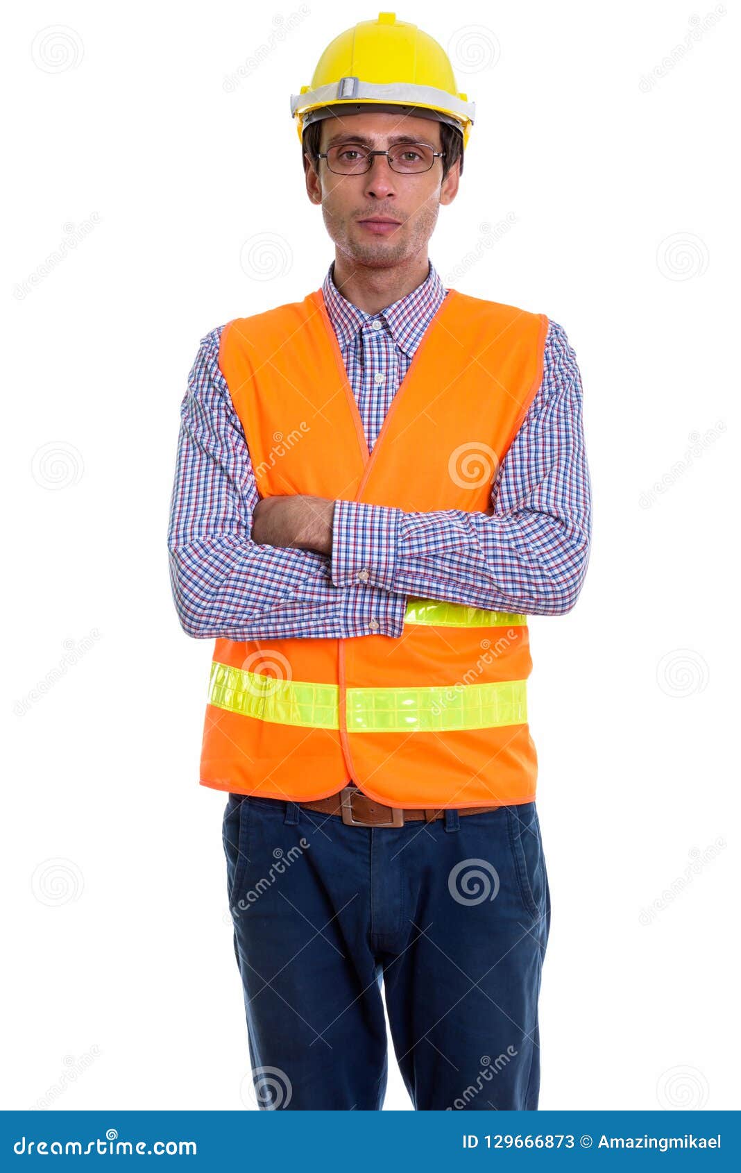Studio Shot of Young Handsome Man Construction Worker Standing W Stock ...