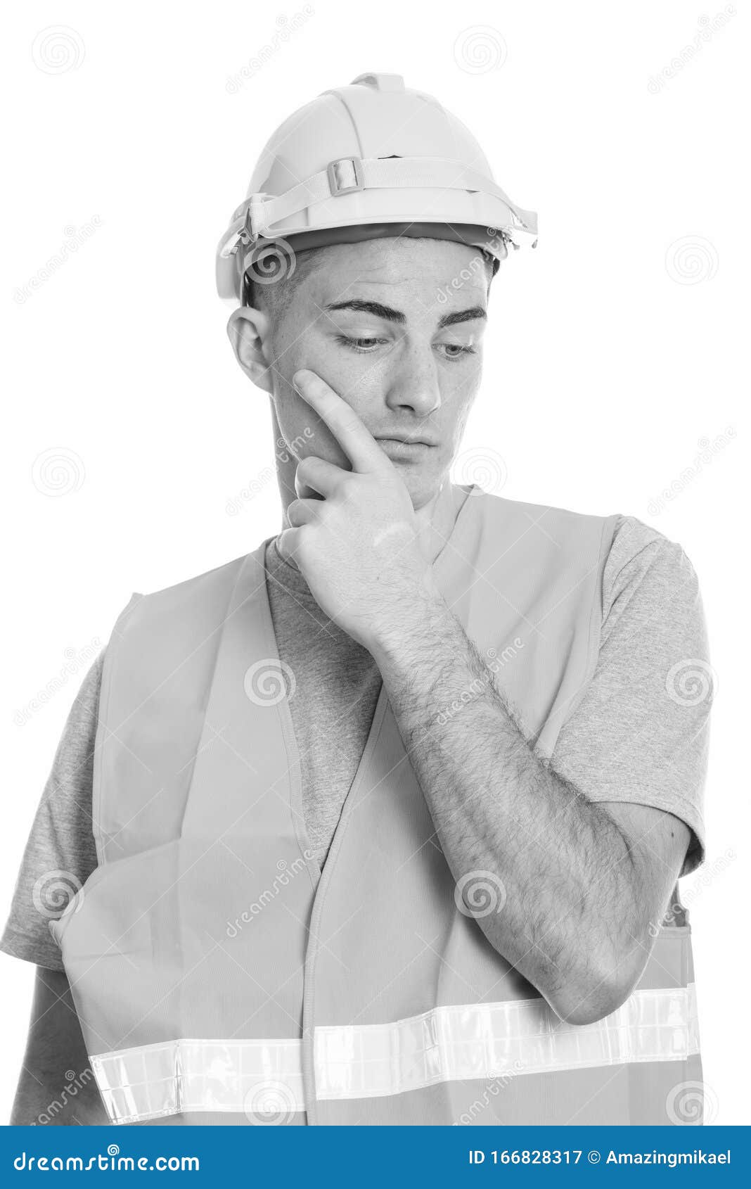 Studio Shot of Young Handsome Man Construction Worker Thinking Stock ...