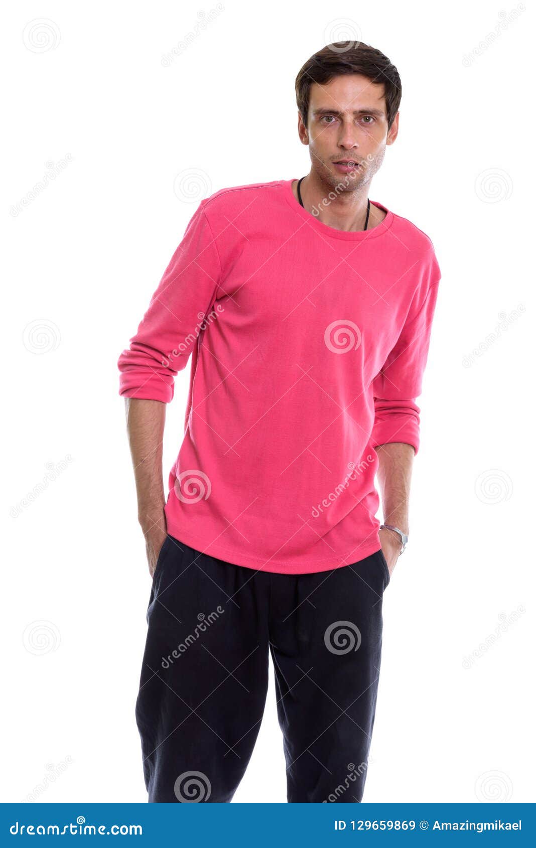 Studio Shot of Young Handsome Man Standing while Posing with Han Stock ...