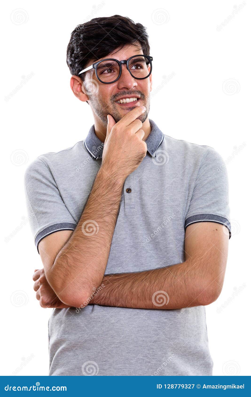 Studio Shot of Young Happy Persian Man Smiling and Thinking Whil Stock ...
