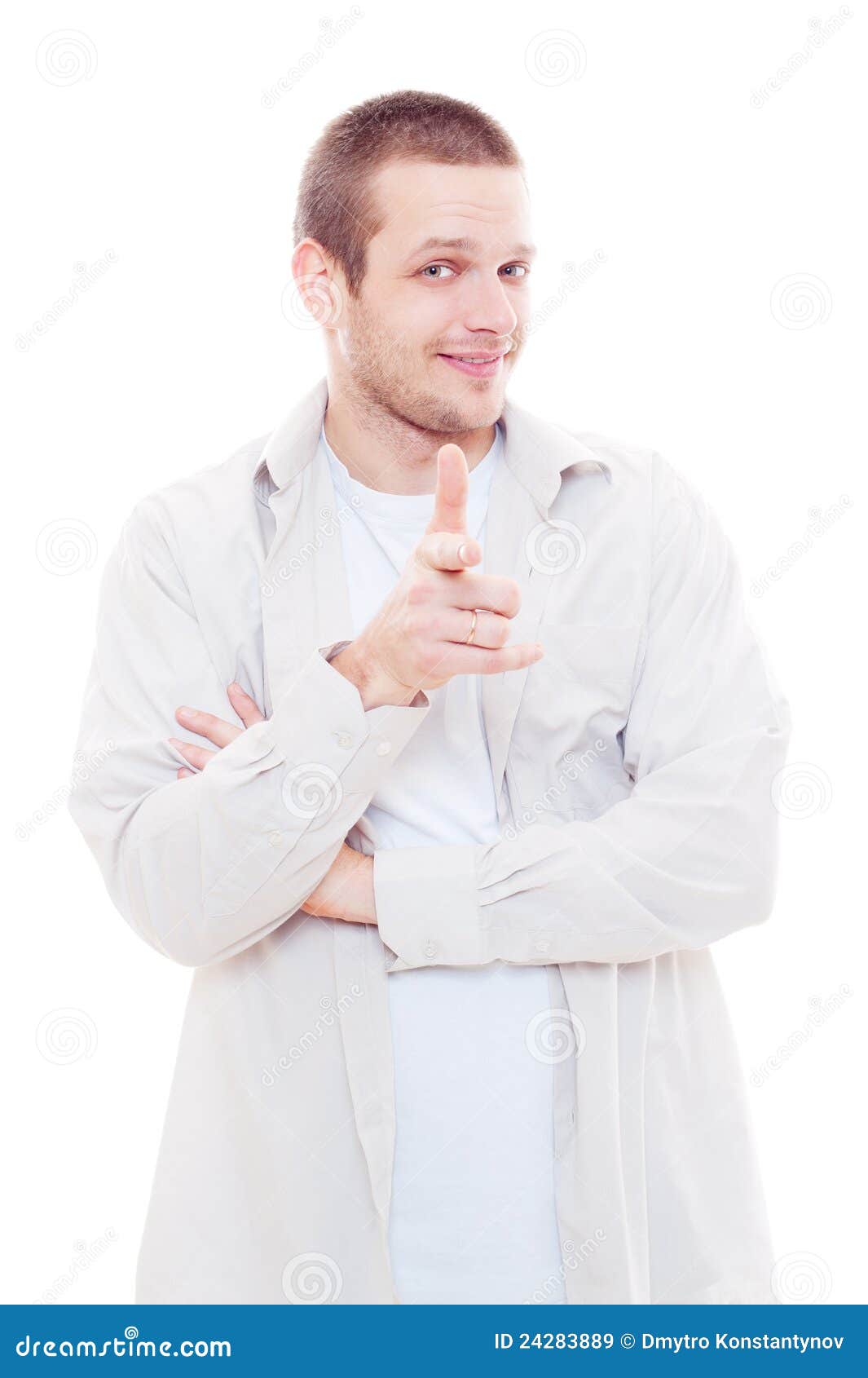 Studio Shot of Young Smiley Man Pointing Stock Image - Image of bristle ...