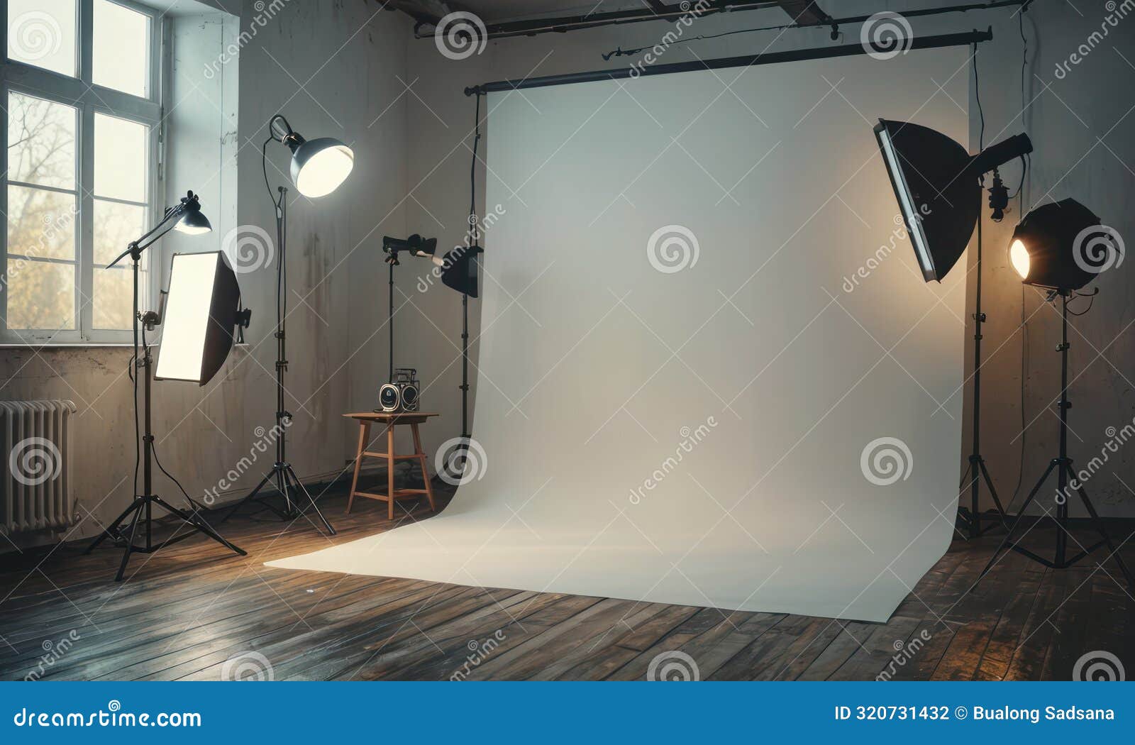A Studio with a White Backdrop and a Stool in Front of it. Stock ...