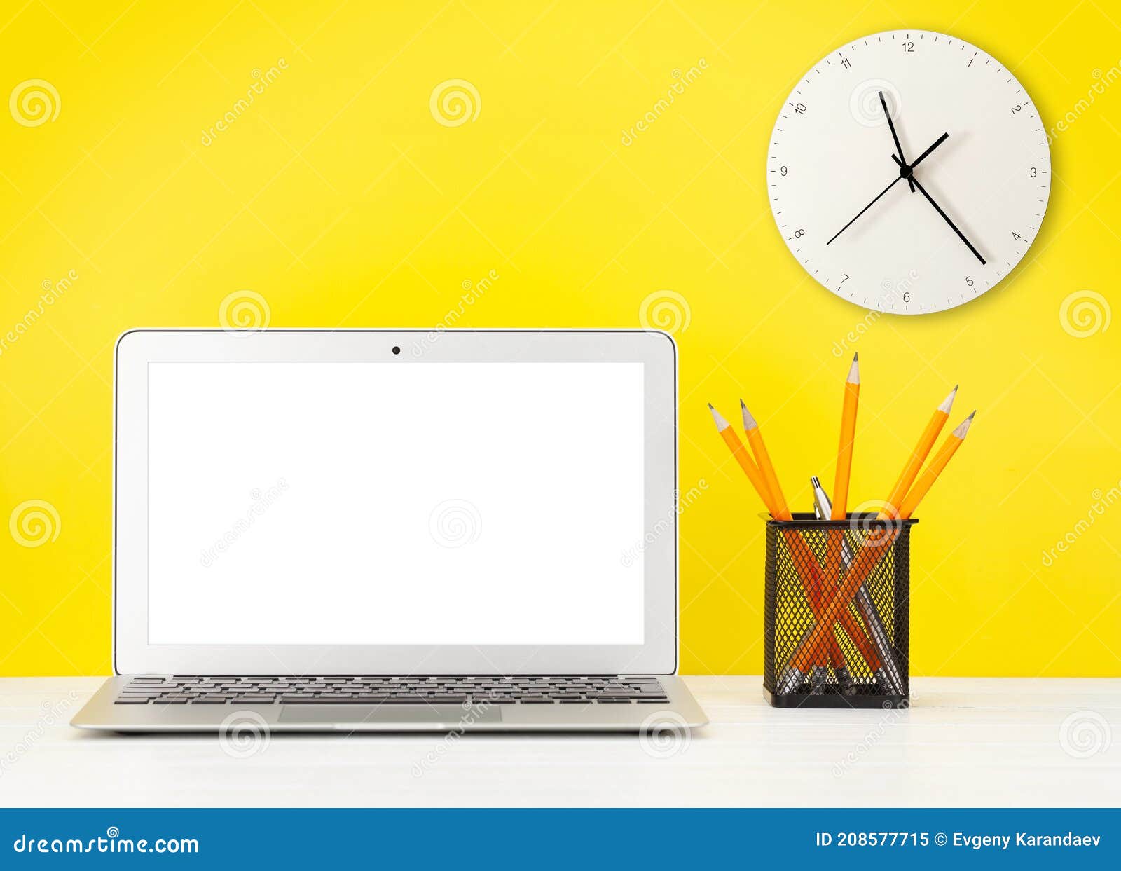 Studio Workspace with Laptop Computer and Wall Clock Stock Image ...