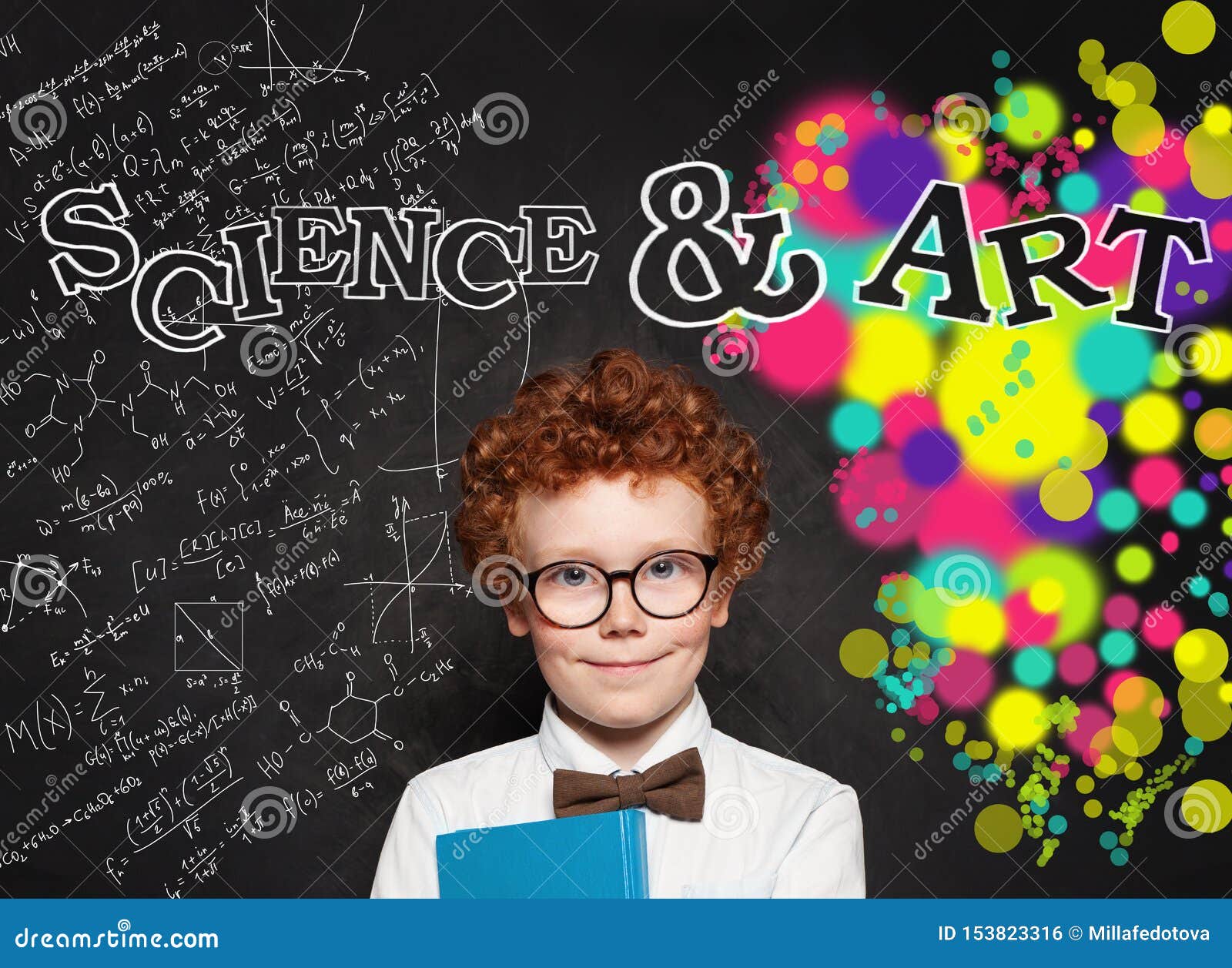 Studious Child Scholar in Glasses on Blackboard Background with Science ...
