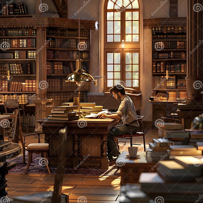 Studious Student Focused on Open Book in Cozy Well Lit Classical Library Interior Stock ...