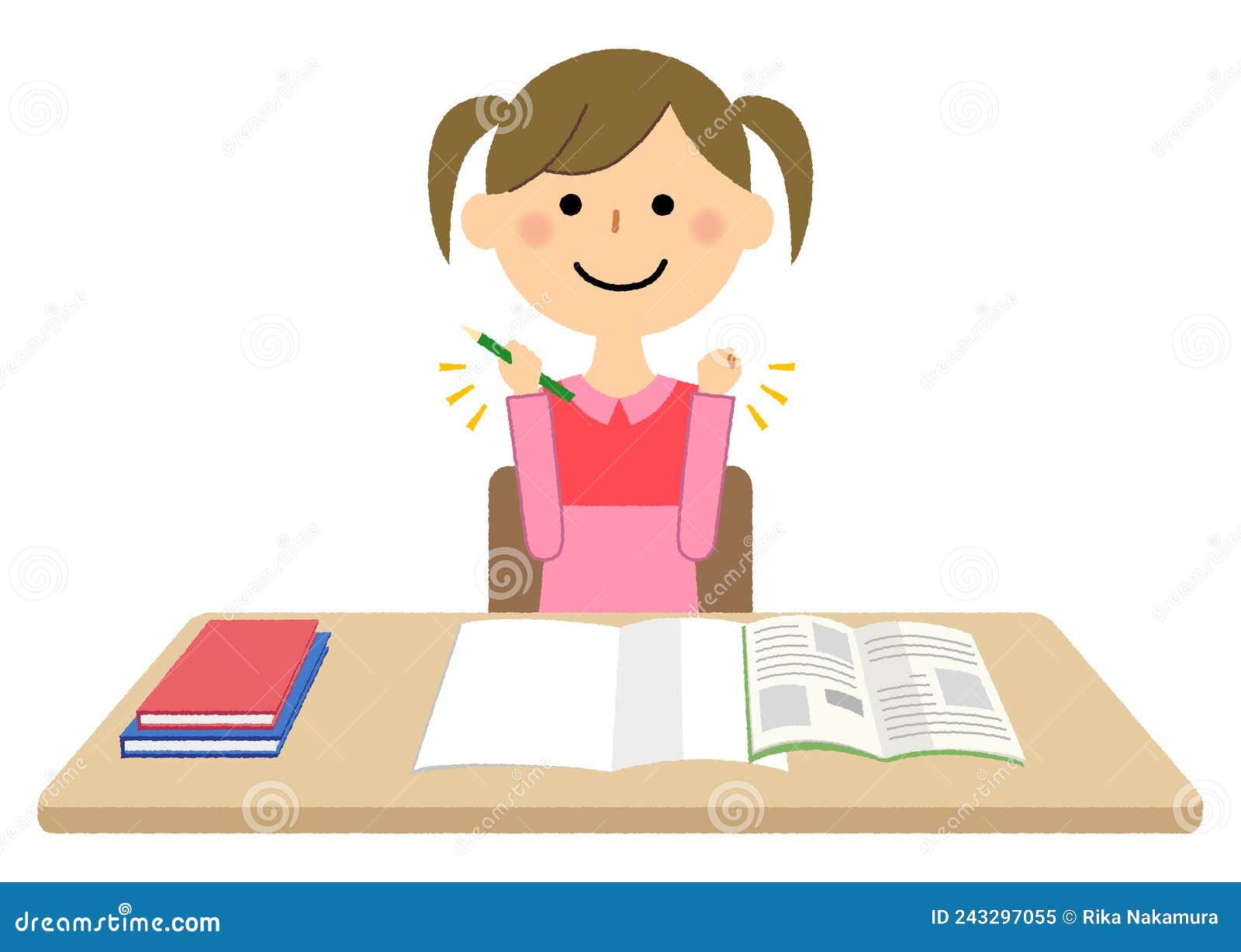 Girl working hard to study stock vector. Illustration of desk - 243297055
