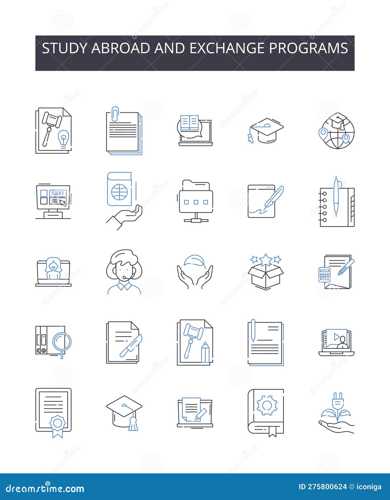 Study Abroad and Exchange Programs Line Icons Collection. Recruitment ...