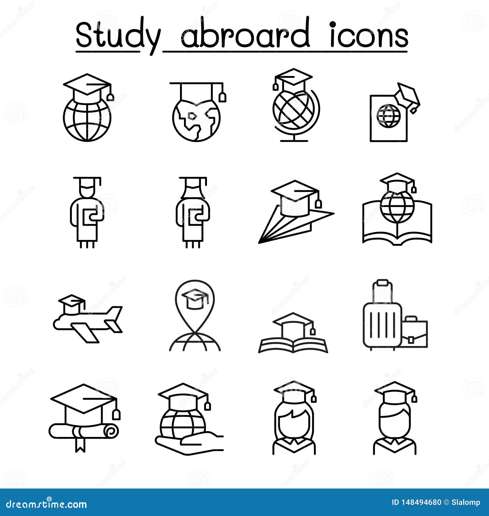 Study Abroad & Graduation Icon Set in Thin Line Style Stock Vector ...