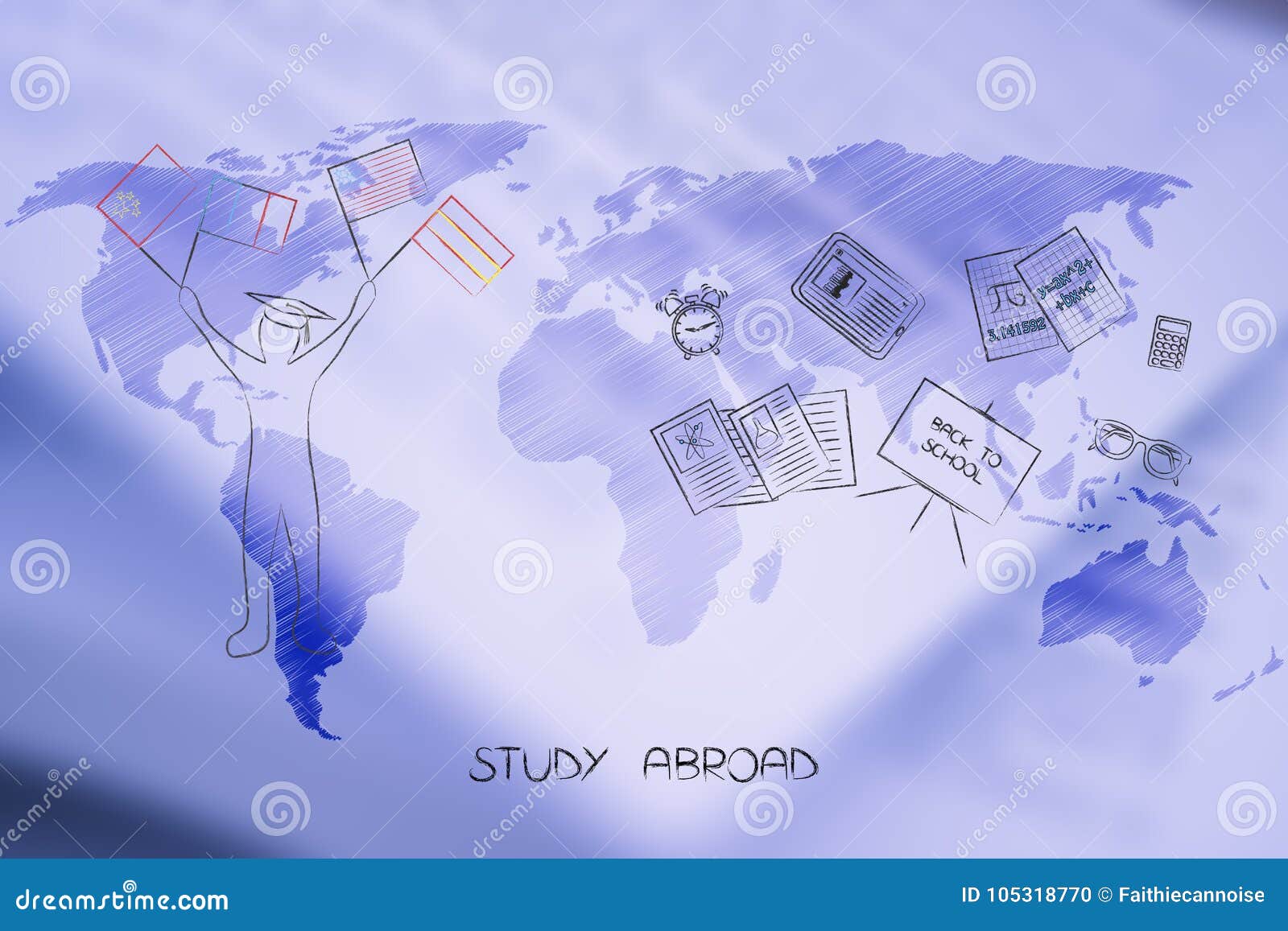 Study Abroad World Map Overlay with Student with Flags and School Items ...