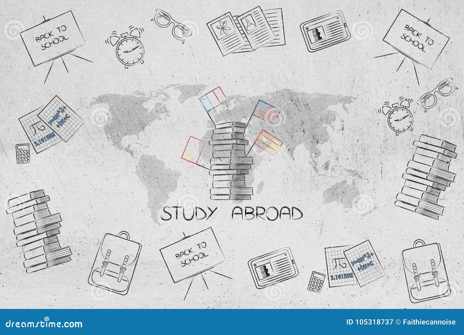 Study Abroad World Map Surrounded by Mixed School Items and Pile Stock ...